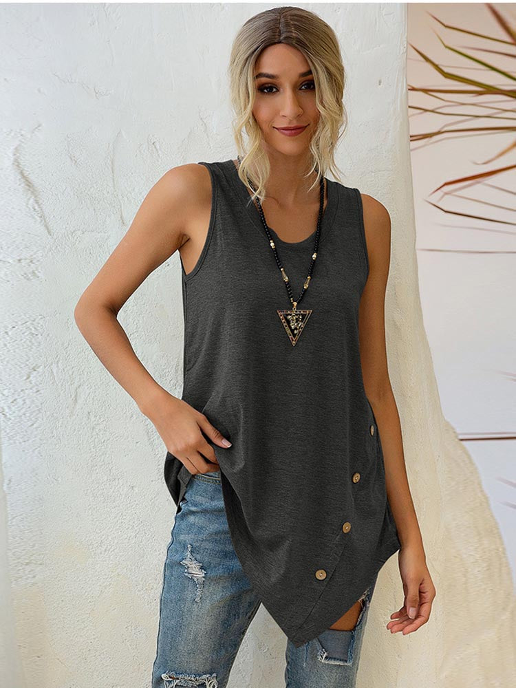 Buttoned Asymmetrical Hem Sleeveless V-neck Shirt – Madepants